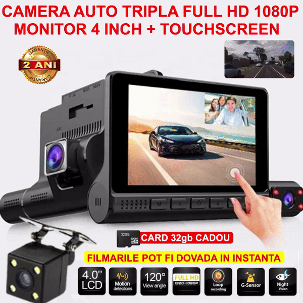 Camera auto TRIPLA Full HD cu monitor de 4 INCH pentru bord si unghi l ...